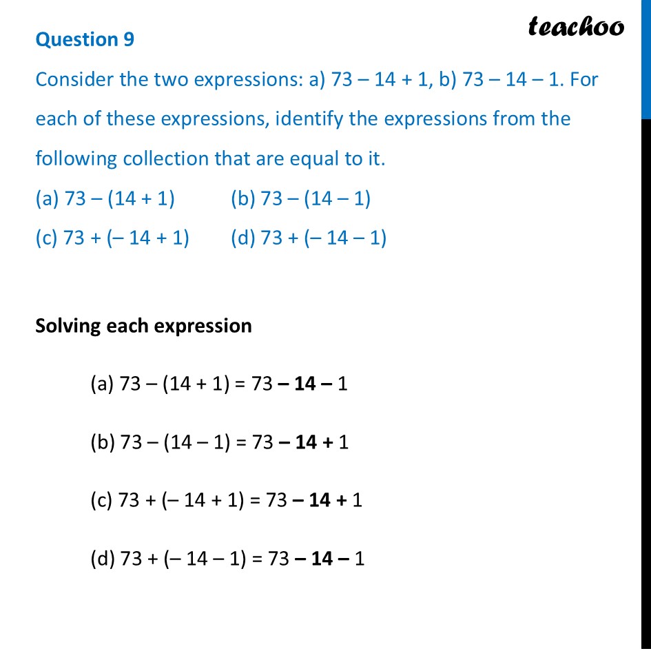 Consider the two expressions (a) 73 – 14 + 1, b) 73 – 14 – 1. For each