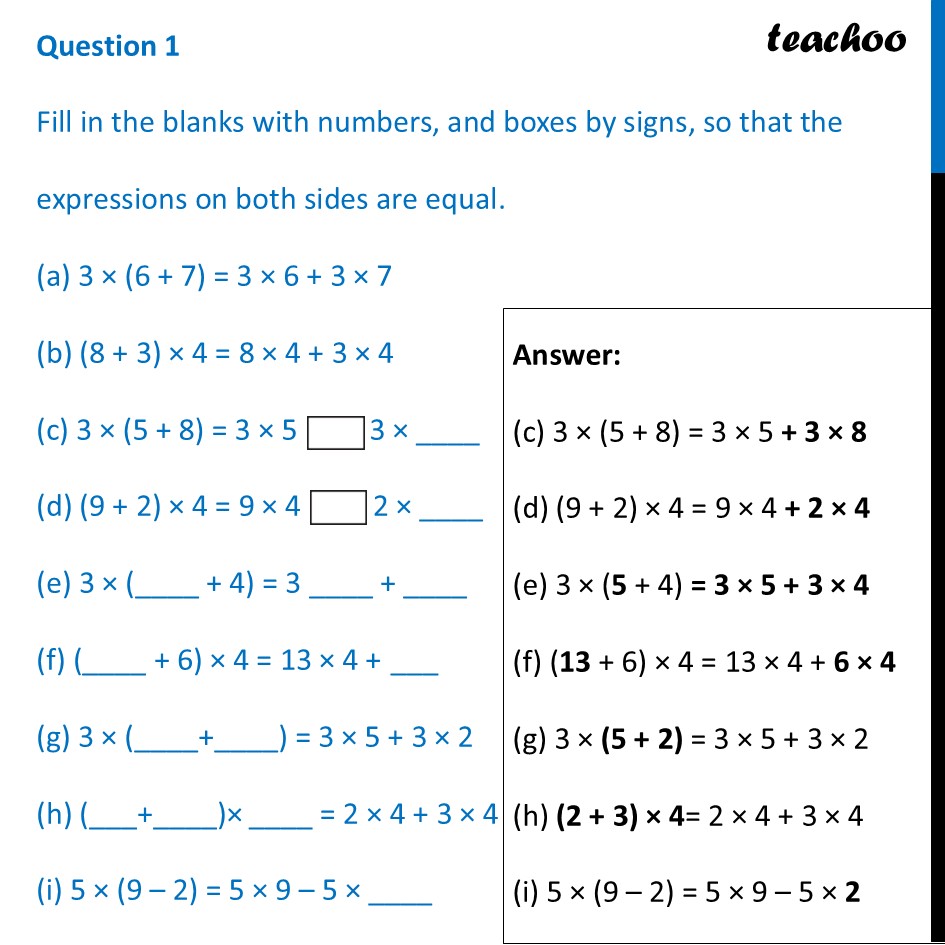 Fill in the blanks with numbers, and boxes by signs, so that - Teachoo