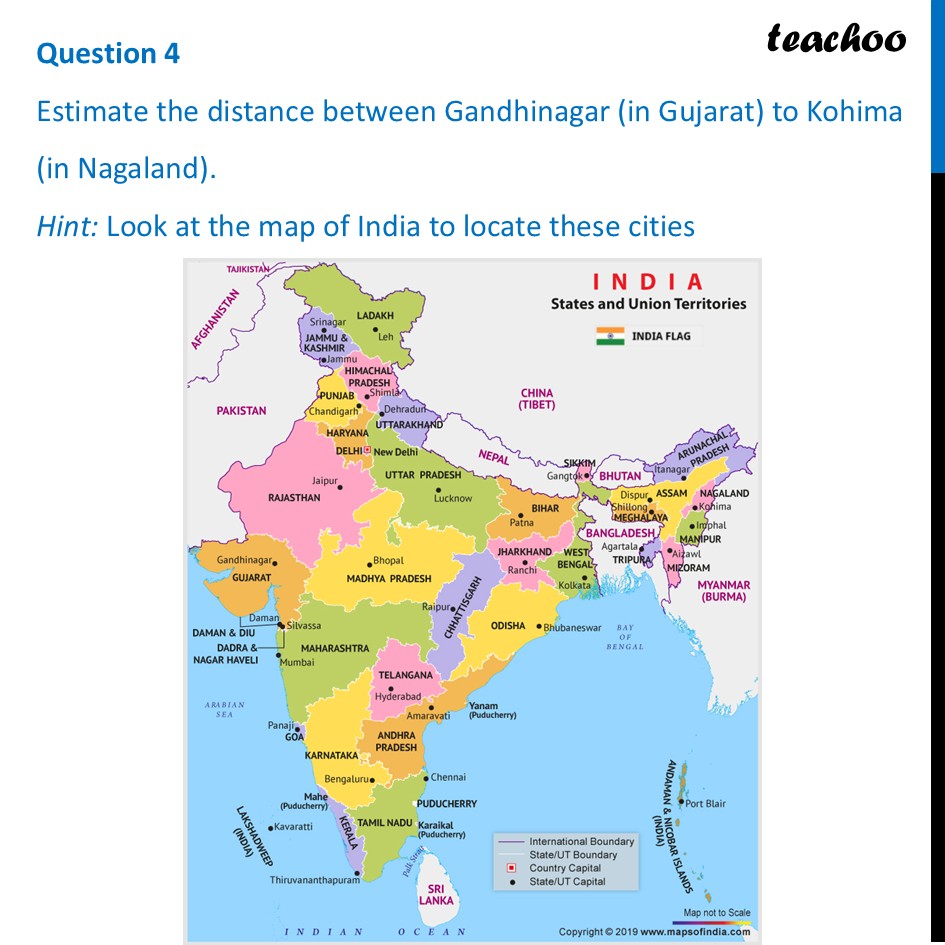 Estimate the distance between Gandhinagar (in Gujarat) to Kohima