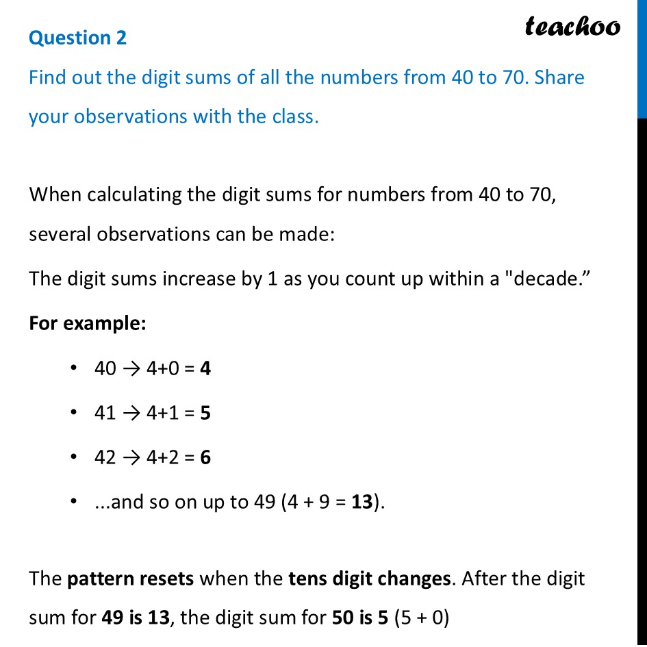 Find out the digit sums of all numbers from 40 to 70 [Ganita Prakash]