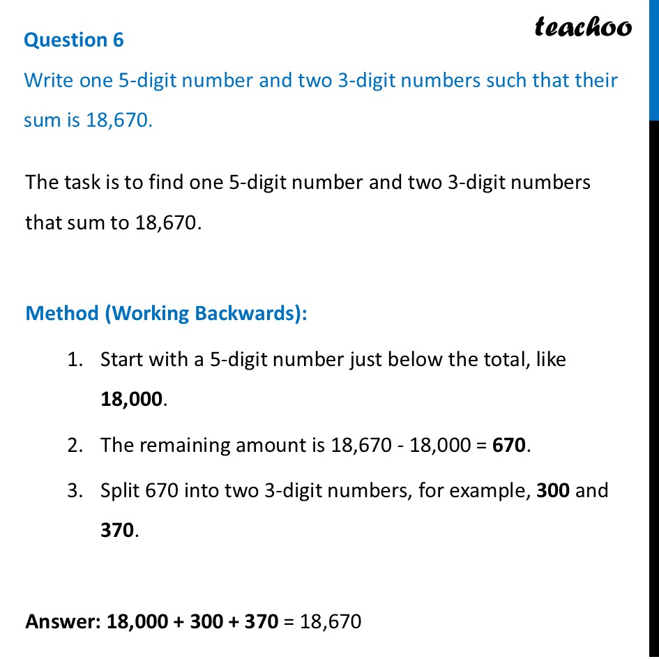 Write one 5-digit number and two 3-digit numbers such that their sum