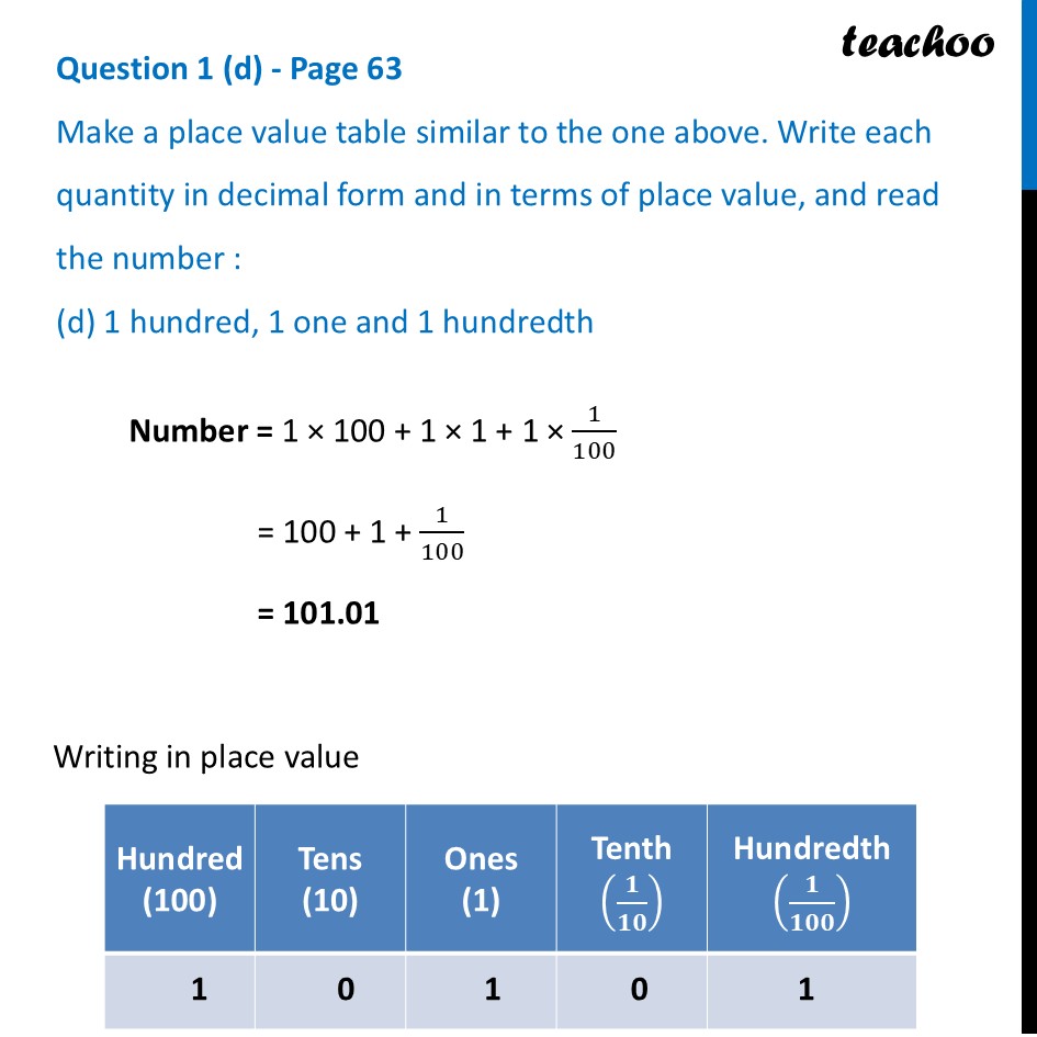 Make a place value table - (d) 1 hundred, 1 one and 1 hundredth